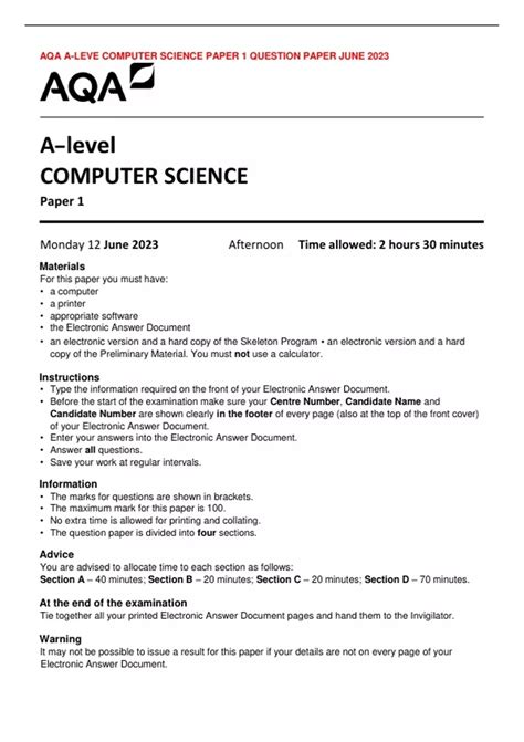 AQA A LEVEL COMPUTER SCIENCE PAPER QUESTION PAPER And MARK SCHEME JUNE Stuvia US