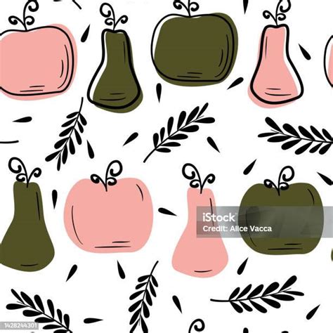 귀여운 추상 가을 이음새가 없는 벡터 패턴 배경 일러스트레이션과 녹색과 분홍색 호박과 검은 잎 10월에 대한 스톡 벡터 아트 및 기타 이미지 Istock