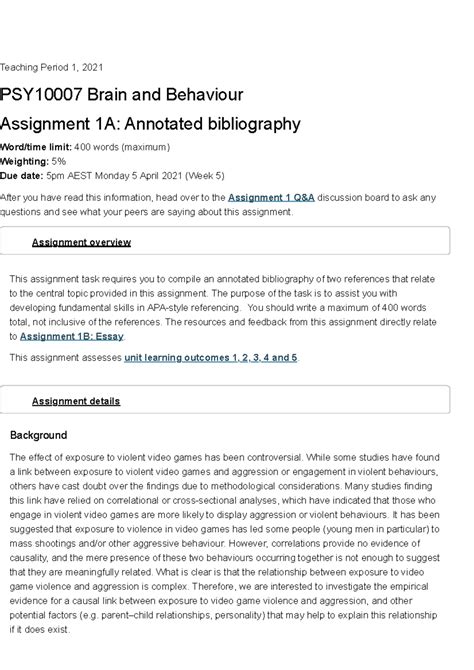 Assignment 1a Annotated Bibliography Teaching Period 1 2021 Psy10007