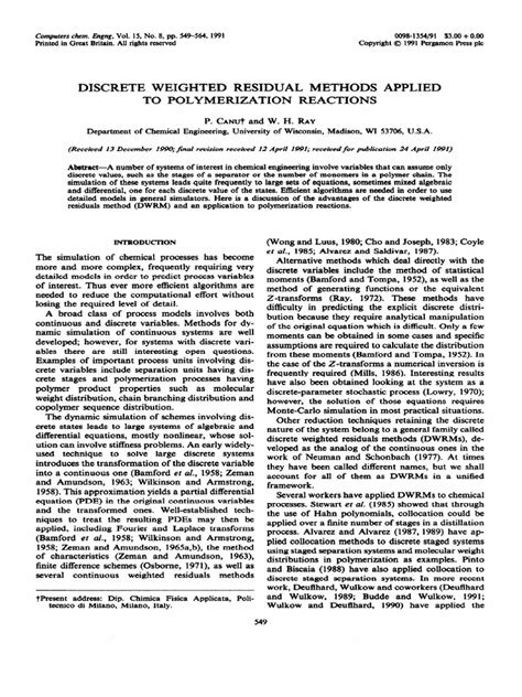 Discrete Weighted Residual Methods Applied To Polymerization