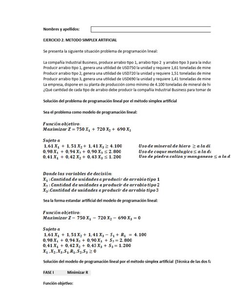 plantilla ejercicio 2 metodo simplex artificial tarea 1 pdf