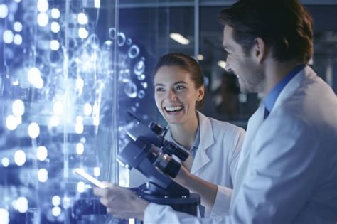 Premium Photo Man And Woman Examining Microscope Slide Together