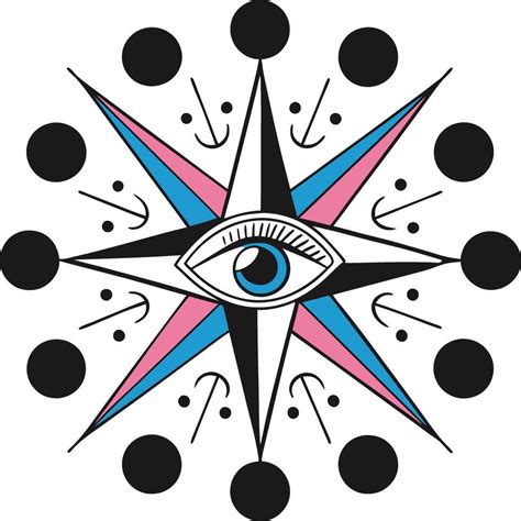 Geometric Abstract Art All Seeing Eye Compass Rose Black White Pink Blue Symmetrical Pattern
