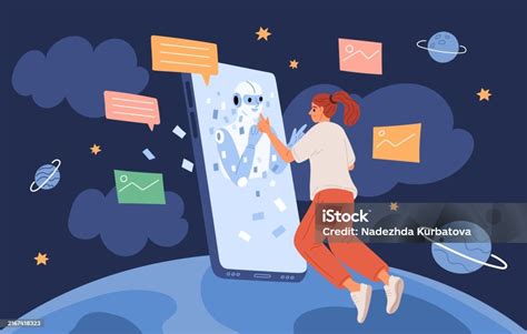 스마트 폰 사용 소녀는 휴대 전화를 통해 인공 지능과 통신합니다 로봇 비서 글로벌 연결 가상 Ai 지원 메신저 응용 프로그램 화려한 벡터 개념 휴대용 통신 기기에 대한 스톡