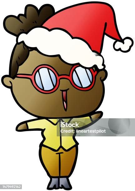 산타 모자를 쓰고 안경을 쓴 여자의 손으로 그린 그라데이션 만화 그라데이션에 대한 스톡 벡터 아트 및 기타 이미지 그라데이션