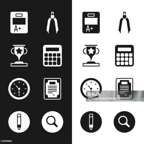 계산기 수상 컵 플러스 등급의 시험 시트 그리기 나침반 시계 인증서 템플릿 돋보기 및 연필 아이콘을 설정합니다 벡터 건강 진단에