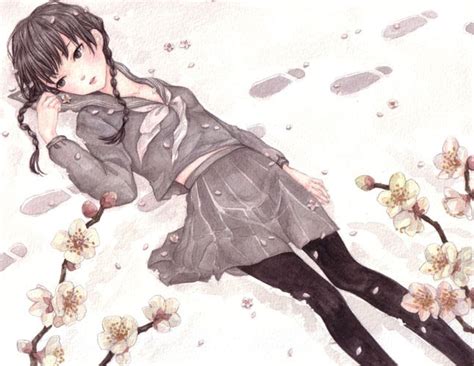 Safebooru 1girl Black Eyes Black Hair Black Pantyhose Braid Branch