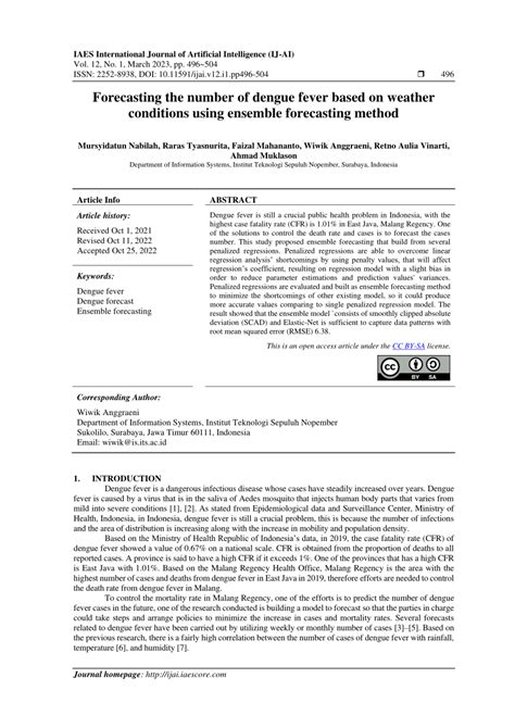 Pdf Forecasting The Number Of Dengue Fever Based On Weather