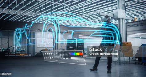 가상 현실 헤드셋을 착용하고 컨트롤러를 사용하여 디지털 소프트웨어로 작업하고 파란색 컨셉 스포츠카를 간소화하는 아프리카 자동차 엔지니어 자동차 산업의 디지털화 개념 산업에