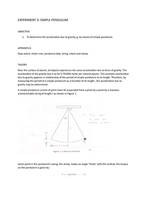 Lab Report 3 Pendulum Experiment 3 Simple Pendulum Objective To Determine The Acceleration