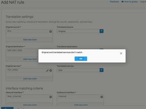 unable to create a nat where source and destination service do not