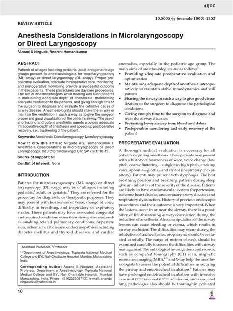 Anesthesia Considerations In Microlaryngoscopy Or Direct Laryngos Pdf