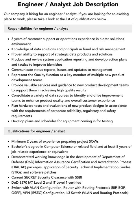 Engineer Analyst Job Description Velvet Jobs