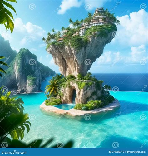cliff hanging floating island generative ai stock illustration
