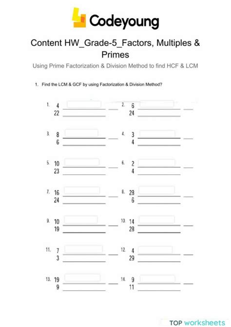 Content Hw Using Prime Factorization To Find Hcf And Lcm Interactive