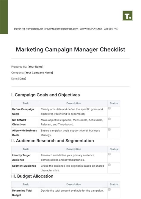 Free Marketing Campaign Manager Checklist Template To Edit Online