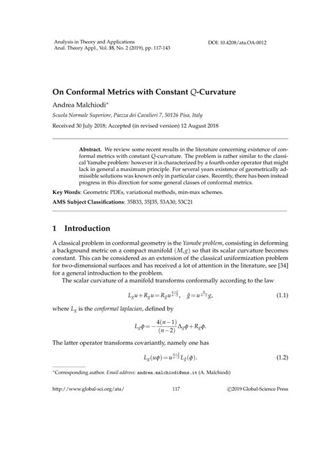 Global Science Press On Conformal Metrics With Constant Q Curvature