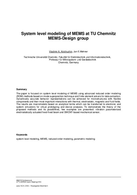 Pdf System Level Modeling Of Mems At Tu Chemnitz Mems Design Group