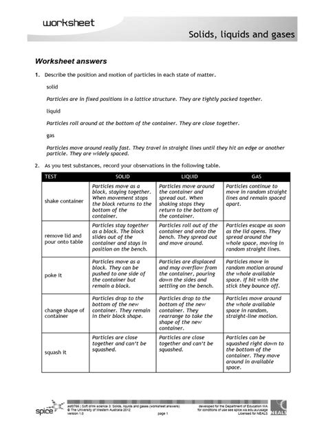 Worksheet Answers Solids Liquids And Gasesw 2 Pdf Liquids Gases