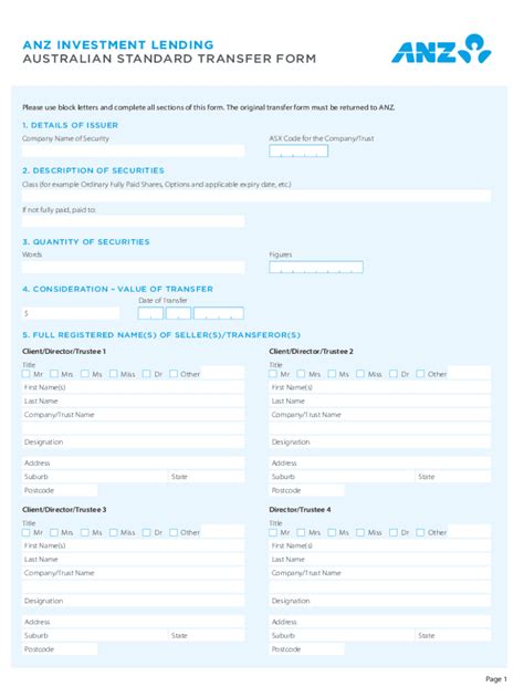 Fillable Online ANZ Investment Lending Australian Standard Transfer Form ANZ Investment Lending