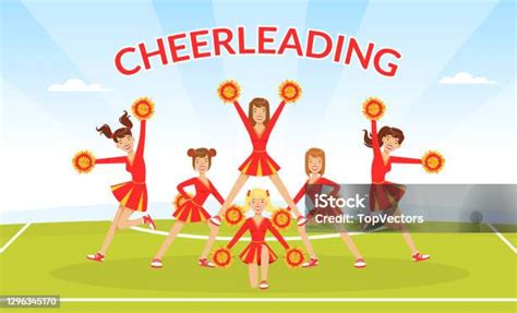 치어 리더 배너 템플릿 폼 폼과 함께 함께 춤 여자의 팀 축구 경기장에서 공연 빨간 유니폼을 입은 팬 소녀 야외 벡터 일러스트 치어리더에 대한 스톡 벡터 아트 및 기타