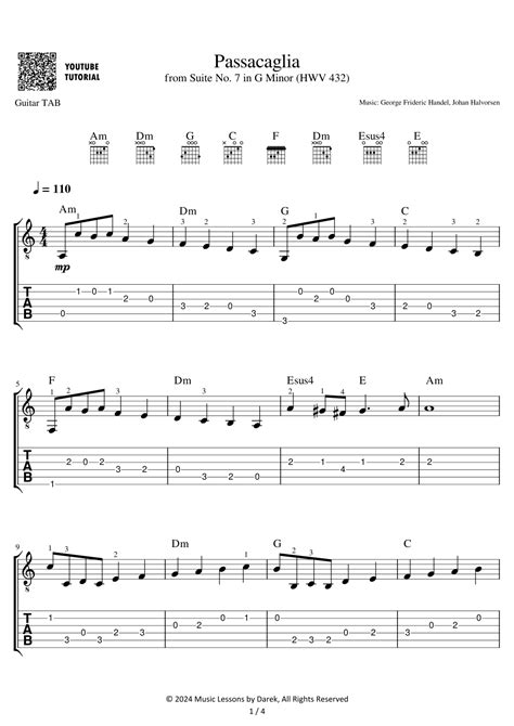 Passacaglia From Suite No 7 In G Minor Hwv 432 Guitar Tab Arr