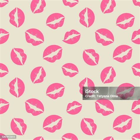 밝은 분홍색 입술 매끄러운 패턴 발렌타인 데이 분홍색 입술 노란색 배경에 키스 벡터 플랫 일러스트레이션 관능에 대한 스톡 벡터 아트 및 기타 이미지 Istock