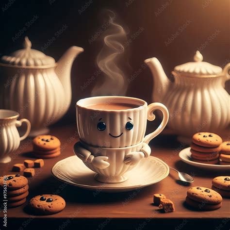A Delightful Image Featuring A Cute Animated Tea Cup With A Smiling Face Surrounded By Cookies