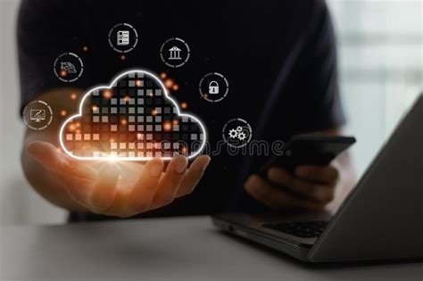 Cloud Computing Concept Man Hand Holding Cloud Icon On The Virtual Display Stock Illustration