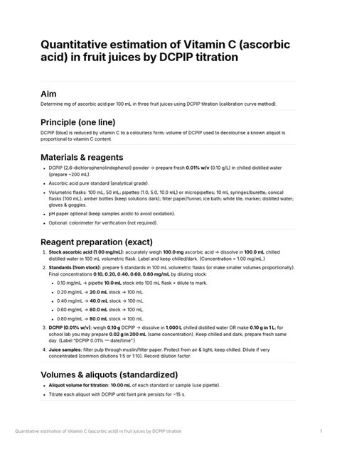 Quantitative Estimation Of Vitamin C Ascorbic Acid In Fruit Juices By Dcpip Titration Pdf
