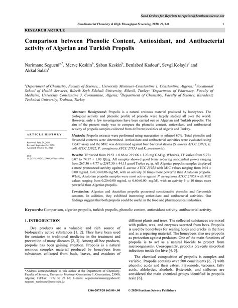 Pdf Comparison Between Phenolic Content Antioxidant And Antibacterial Activity Of Algerian