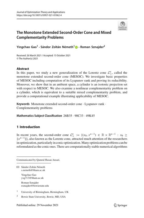 Pdf The Monotone Extended Second Order Cone And Mixed Complementarity