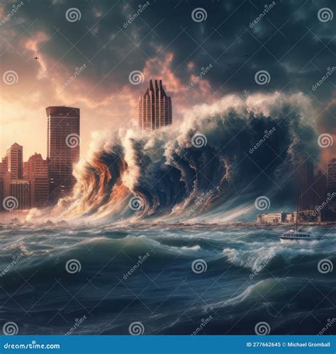 Tsunami Hitting The Skyline Of A Coastal Modern City Created With