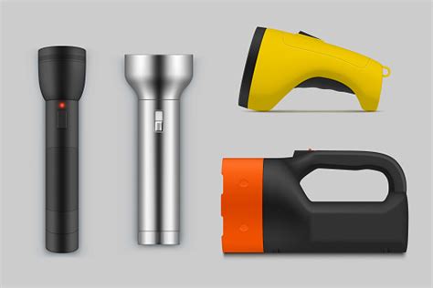 어두운 전기 램프 보안 검색에 대한 현실적인 야간 손전등 세트 벡터 현대 장치 손전등에 대한 스톡 벡터 아트 및 기타 이미지 손전등 3차원 형태 랜턴 Istock