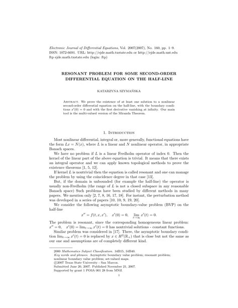 Pdf Resonant Problem For Some Second Order Differential Equation On The Half Line