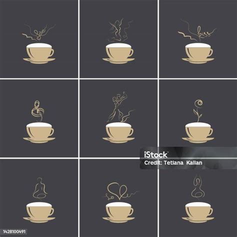 거품과 증기가있는 커피 음료가있는 컵 세트는 심장 춤추는 커플 및 기타의 다양한 실루엣 형태로 제공됩니다 플랫 스타일의 벡터 일러스트레이션입니다 라인아트에 대한 스톡 벡터