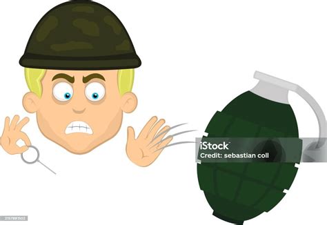 벡터 일러스트 레이 션 머리 금발의자 남자 만화 군인 헬멧 수류탄 던지기 Armed Forces Day에 대한 스톡 벡터 아트 및 기타 이미지 Armed Forces