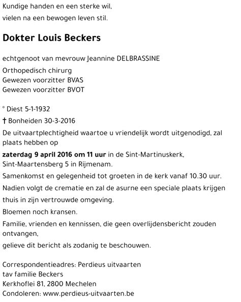 Avis De Décès De Louis Beckers Décédé Le 30 03 2016 à Bonheiden
