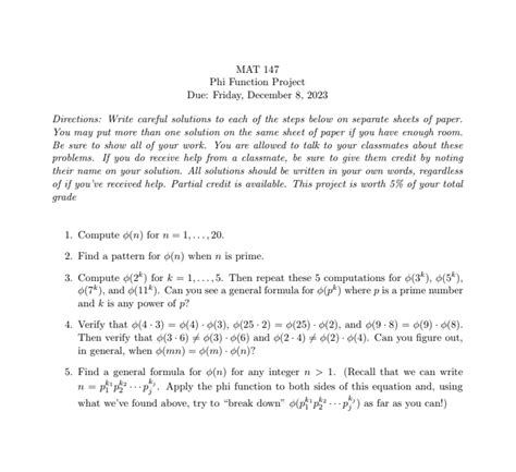 Solved Phi Function Project Due Friday December 8 2023