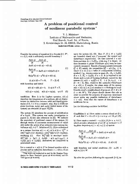 A Problem Of Positional Control Of Nonlinear Parabolic System Ieee