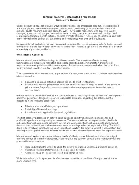 Internal Control Integrated Framework Executive Summary Pdf Internal Audit Audit