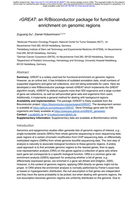 PDF RGREAT An R Bioconductor Package For Functional Enrichment On Genomic Regions