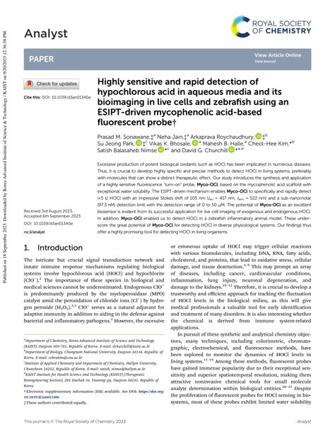 Pdf Highly Sensitive And Rapid Detection Of Hypochlorous Acid In Aqueous Media And Its