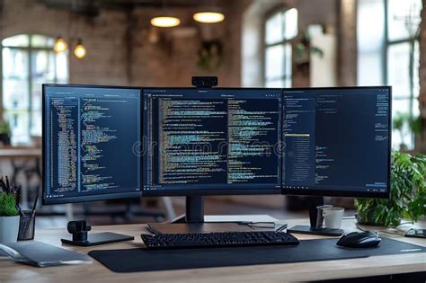 Digital Matrix Close Up Of Glowing Computer Screens Displaying Lines Of Code Representing