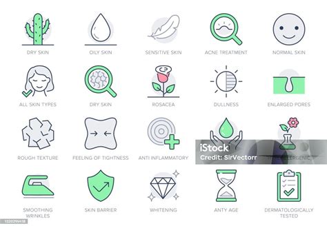 코스메틱 속성 라인 아이콘입니다 벡터 일러스트는 아이콘을 포함 크림 콜라겐 안티 에이징 효과 Rosacea 주름 스킨 케어