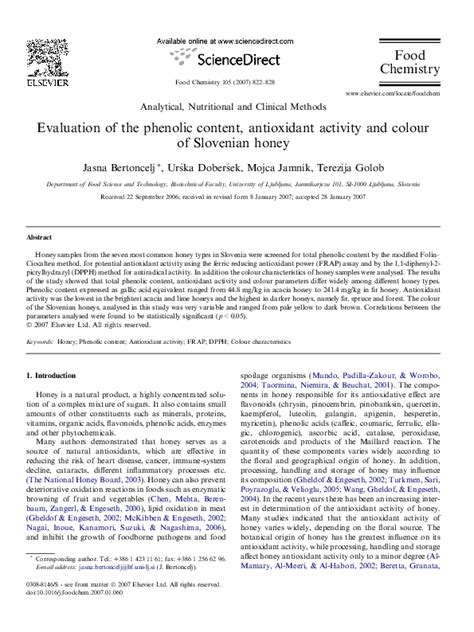 Pdf Evaluation Of The Phenolic Content Antioxidant Activity And Colour Of Slovenian Honey