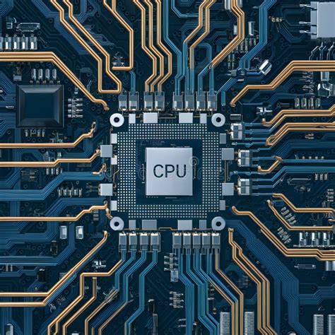 Advanced Circuit Board With Cpu And Intricate Components Golden Blue Wiring Stock Illustration
