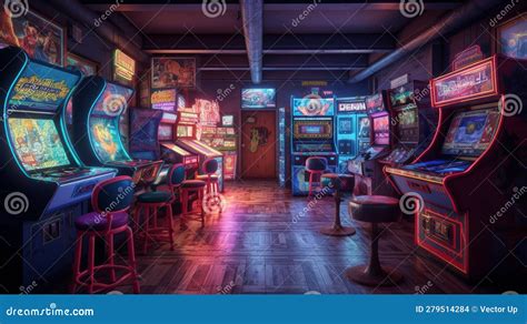 Game Room Illustration With Arcade Generative Ai Stock Illustration