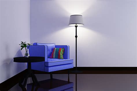 파란색 안락 의자와 램프가있는 인테리어 3d 일러스트레이션 0명에 대한 스톡 사진 및 기타 이미지 0명 가구 가정의 방 Istock