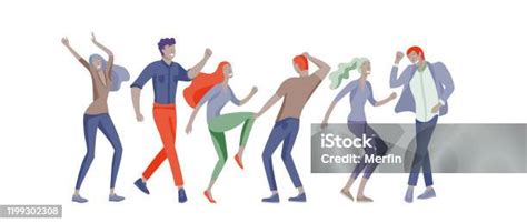 다양한 포즈에서 캐릭터를 점프 젊은 즐거운 웃음 사람들의 그룹은 제기 손으로 점프 행복 한 긍정적인 젊은 남자와 여자 개념에